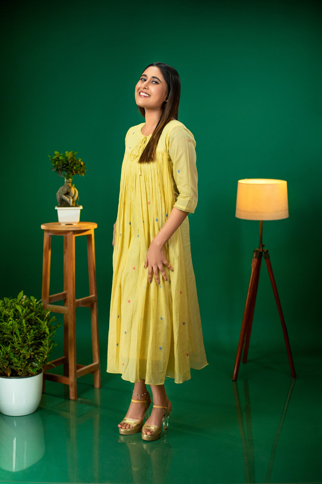 Yellow shaded pure soft mul cotton dress/kurti with multi colour threa ...