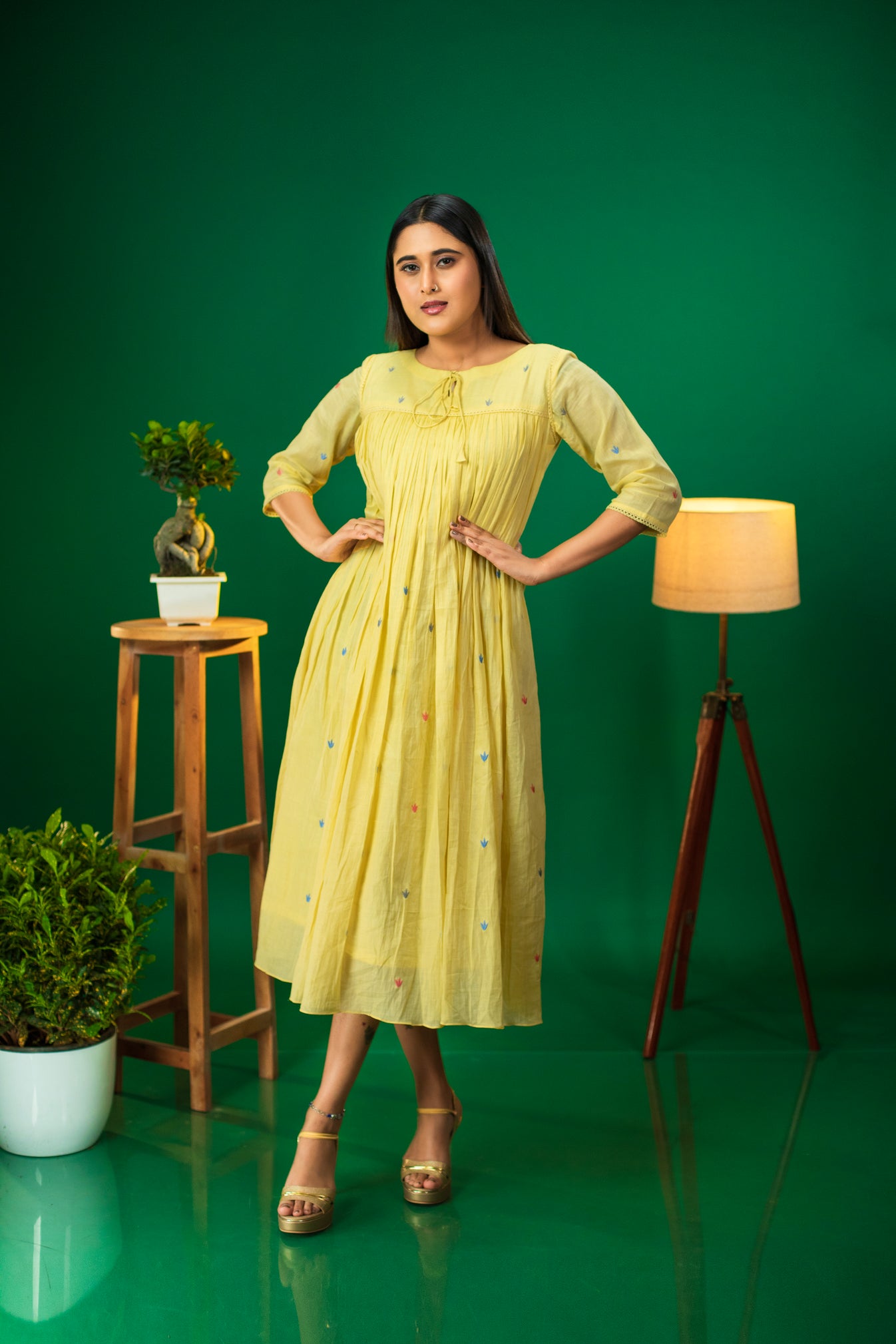 Yellow shaded pure soft mul cotton dress/kurti with multi colour threa ...