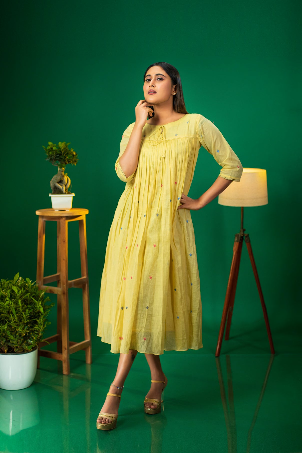 Yellow shaded pure soft mul cotton dress/kurti with multi colour threa ...