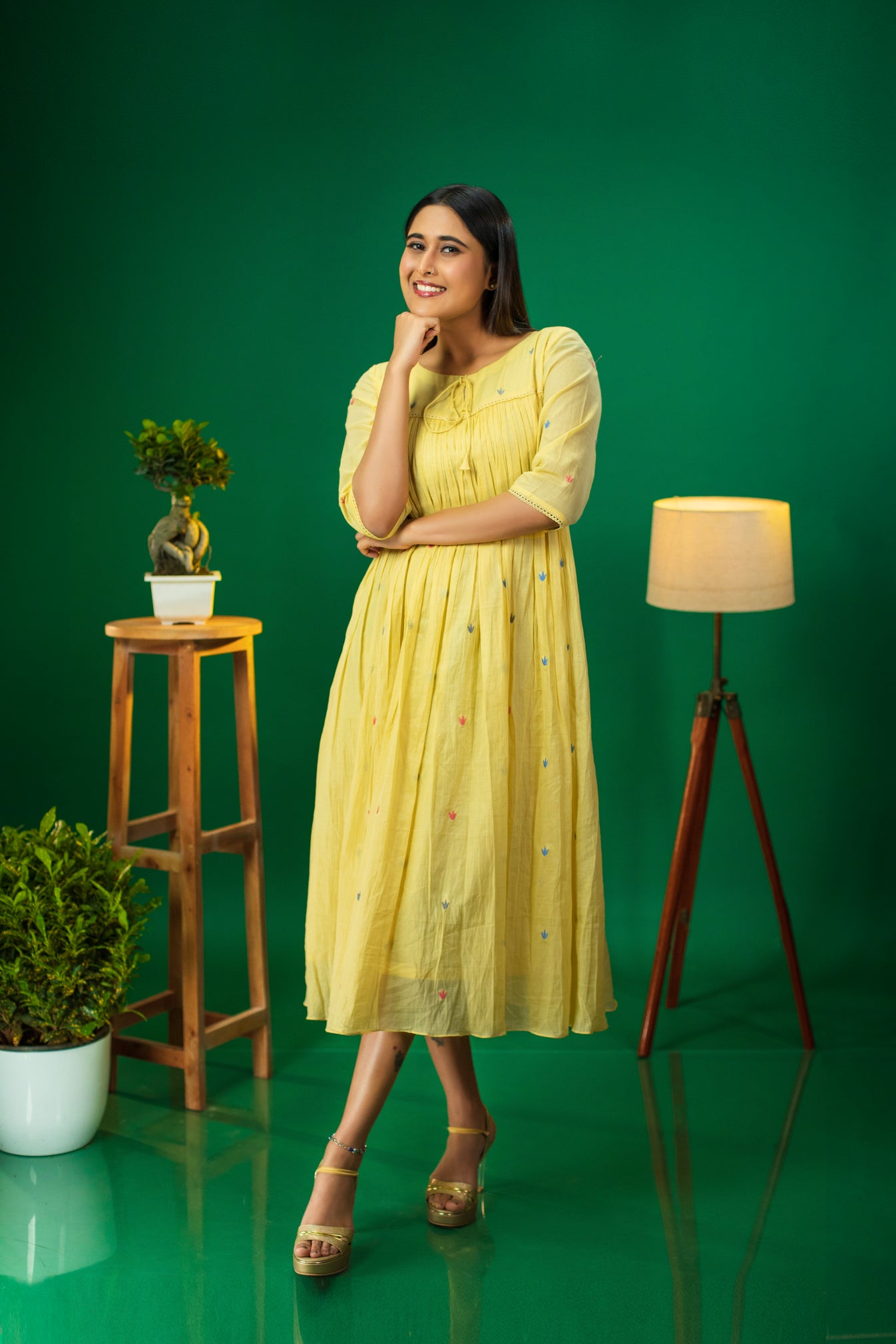 Yellow shaded pure soft mul cotton dress/kurti with multi colour threa ...