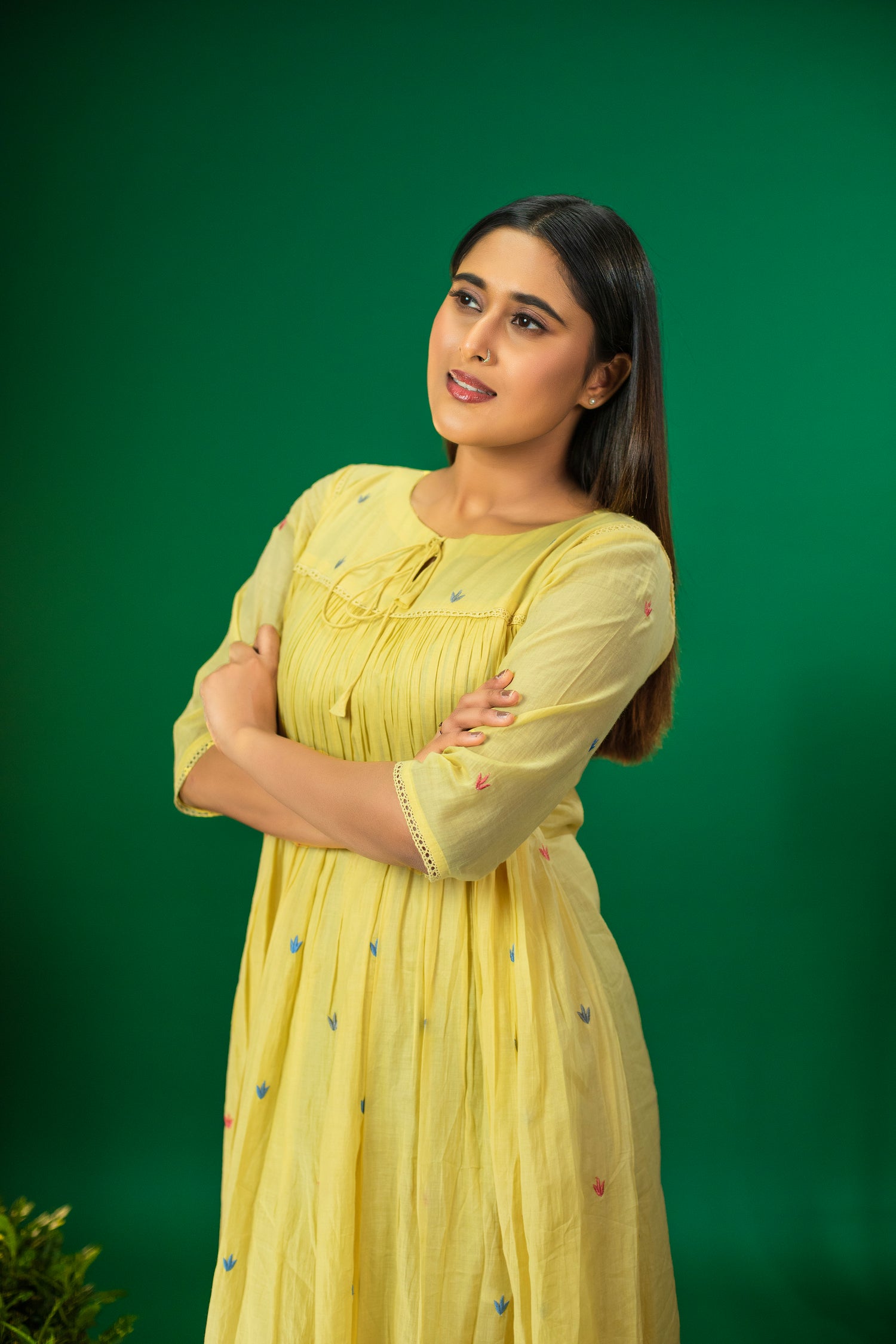 Yellow shaded pure soft mul cotton dress/kurti with multi colour threa ...